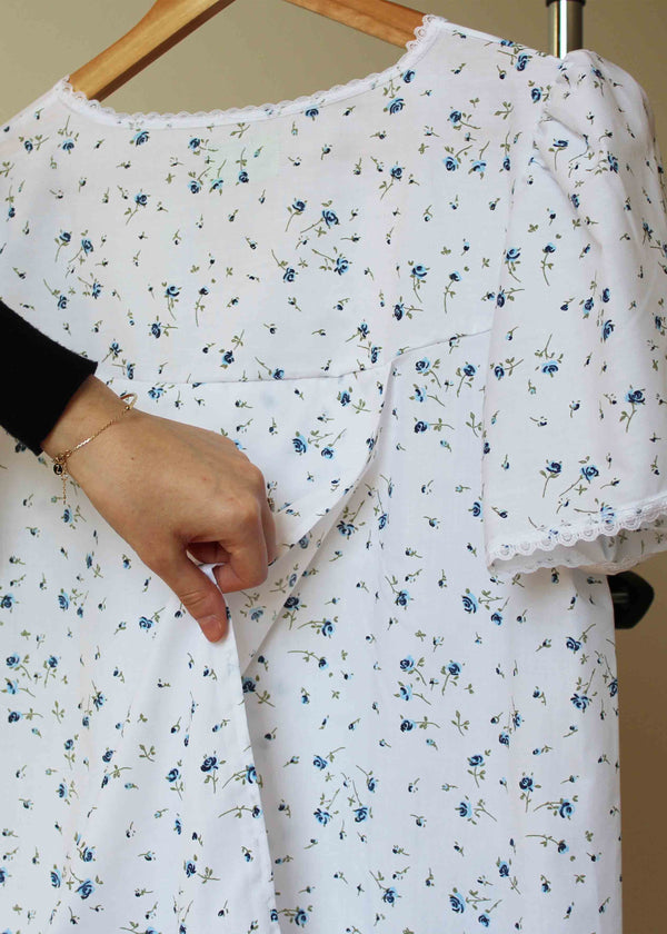 Jade floral open back short sleeve nightie - med blue - Alzheimer's Society